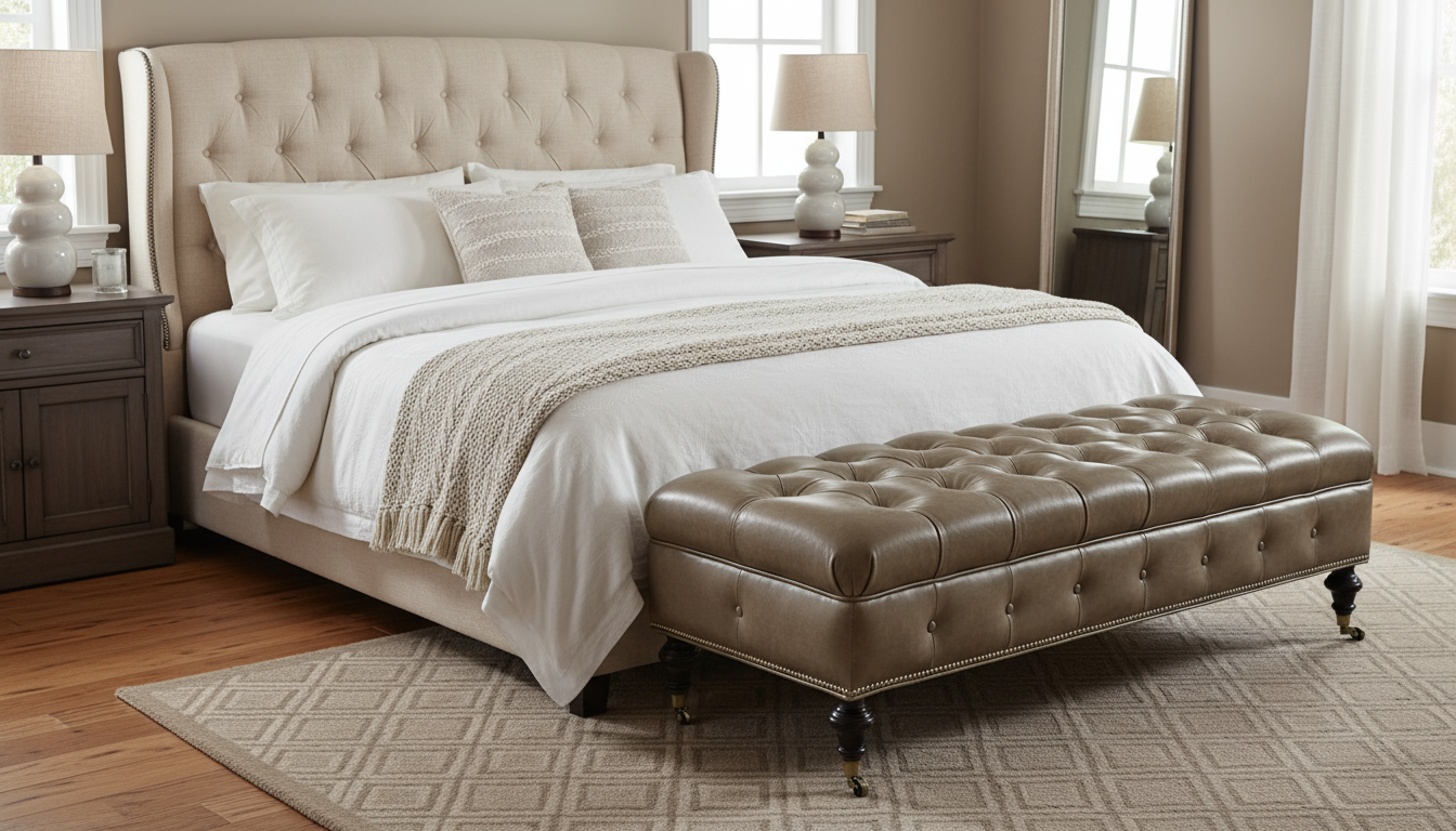Belport Long Deep Button Tufted Leather Coffee Table Bench