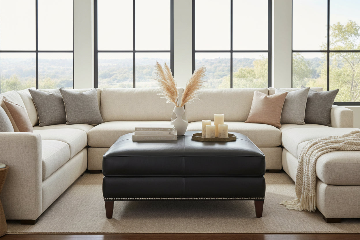 Ward Contemporary Large Square Leather Cocktail Ottoman