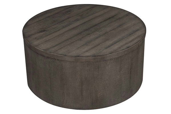 Tristan Modern Farmhouse Style Charcoal Round Drum Cocktail Table